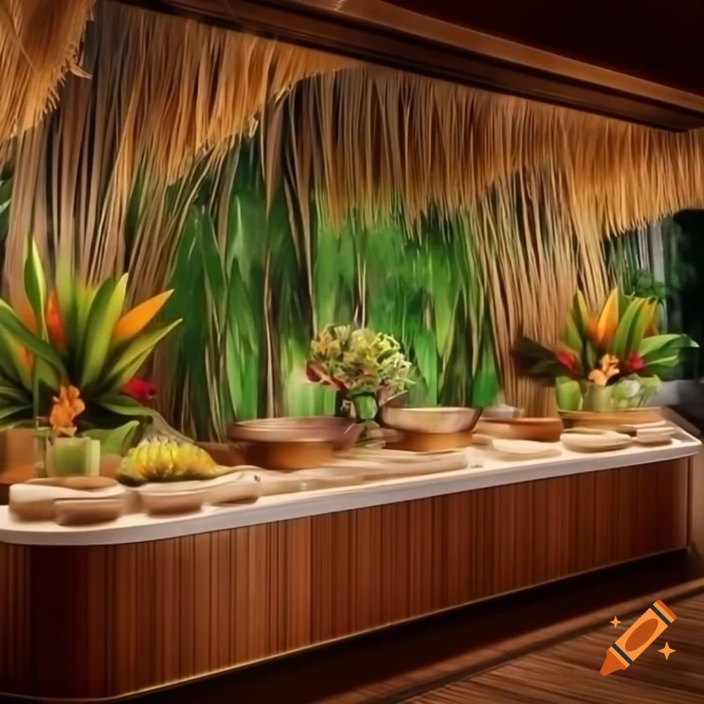 Upscale Hawaiian themed buffet entrance with flowers, greenery, and ...