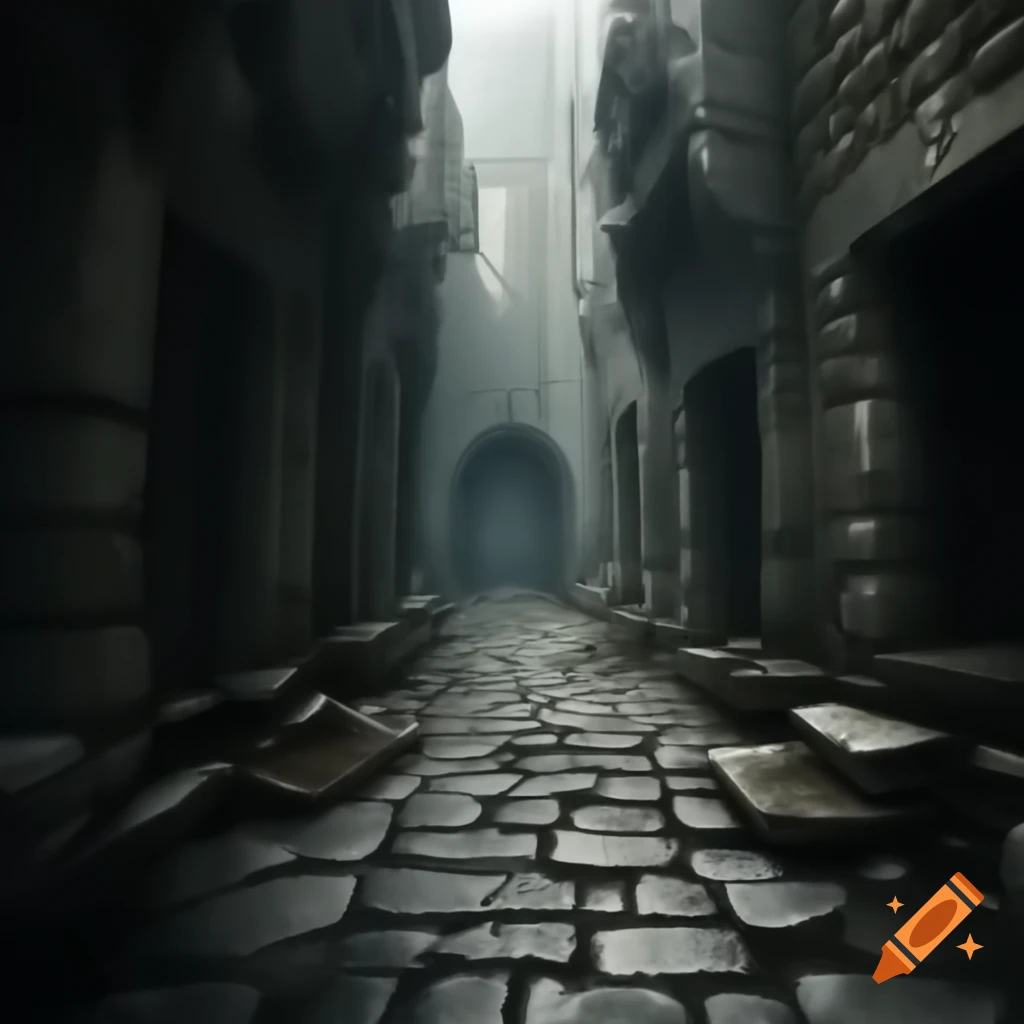 Dark medieval fantasy alley with cobblestones and weathered stone walls ...