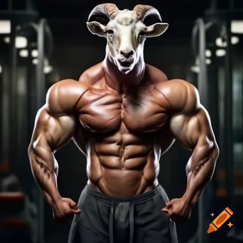 Hyper-realistic photo of muscular goat flexing in gym on Craiyon