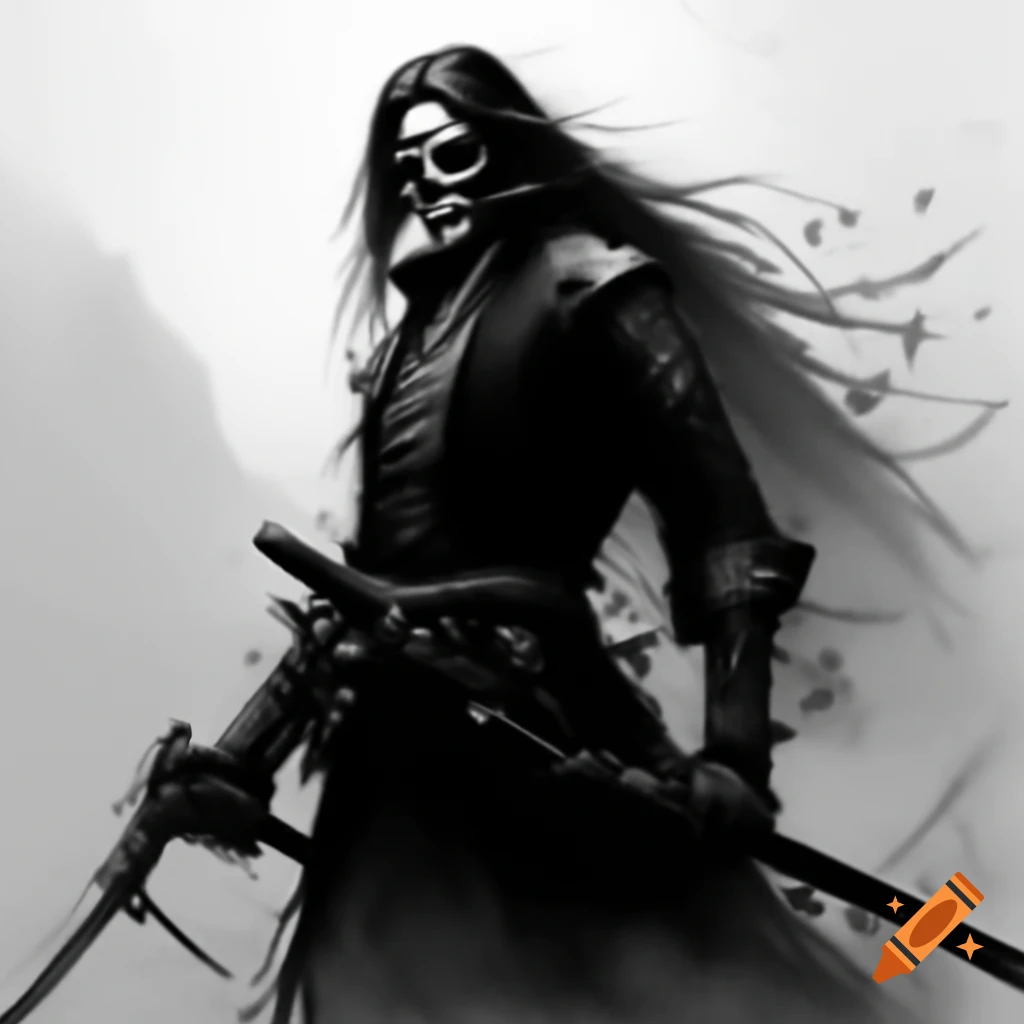 Silhouette of gunfighter with skull, pistol, and samurai sword in ...