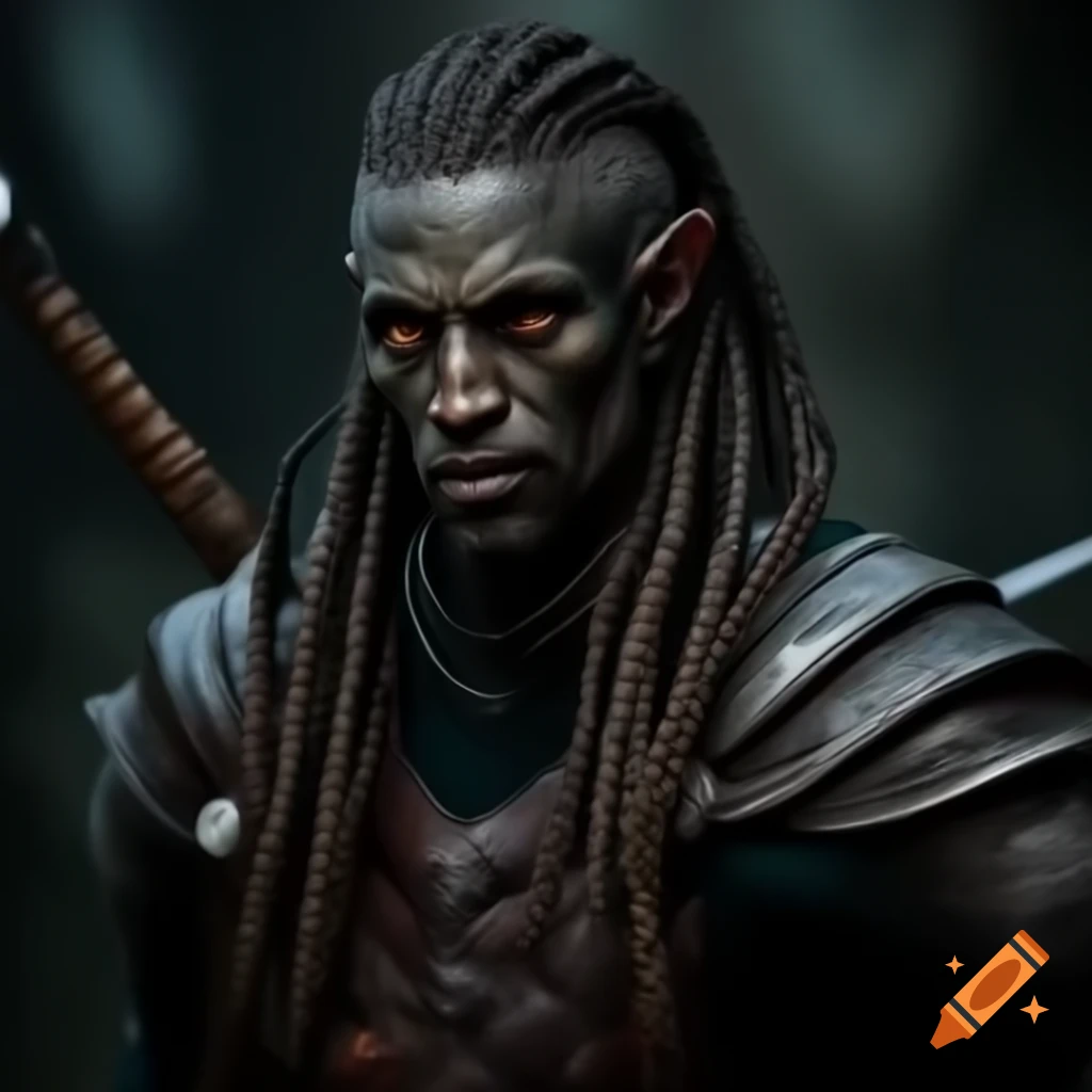 Black-skinned elf witcher in scale armor with silver dreadlocks on Craiyon