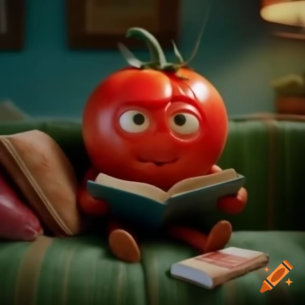Tomato character on couch reading a book and smiling on Craiyon