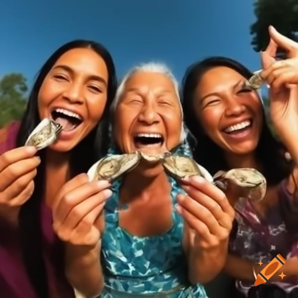 Happy elderly Maori Pacifica women enjoying oysters on Craiyon