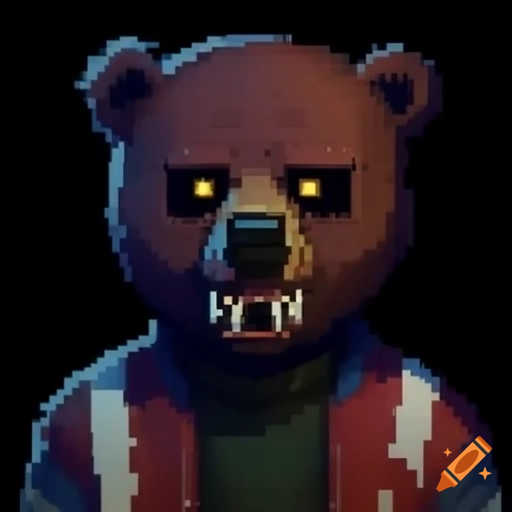 Pixelated bear mask in darkness with vacant eyes and jagged teeth on ...