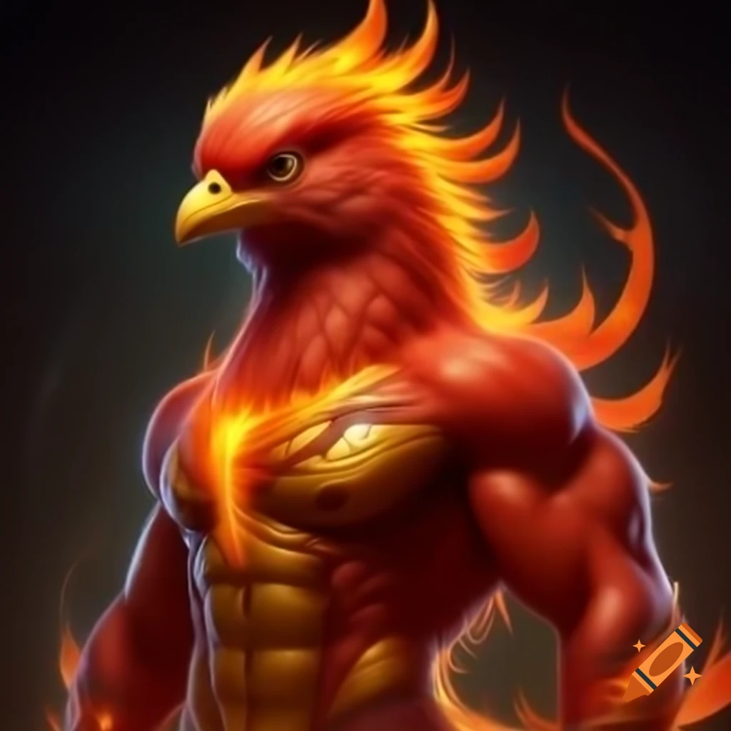 Muscular phoenix mascot in cartoon style rising from ashes with flames ...