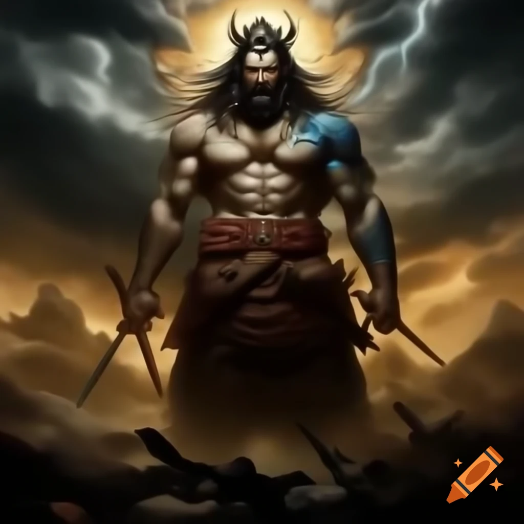 Giant muscular figure with katana in stormy otherworldly landscape on ...