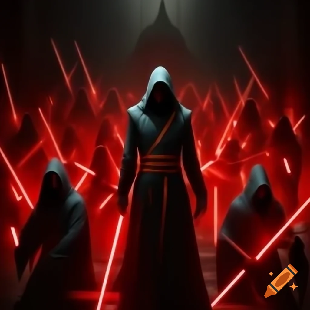 Sith warriors in black robes igniting crimson lightsabers in a ritual ...