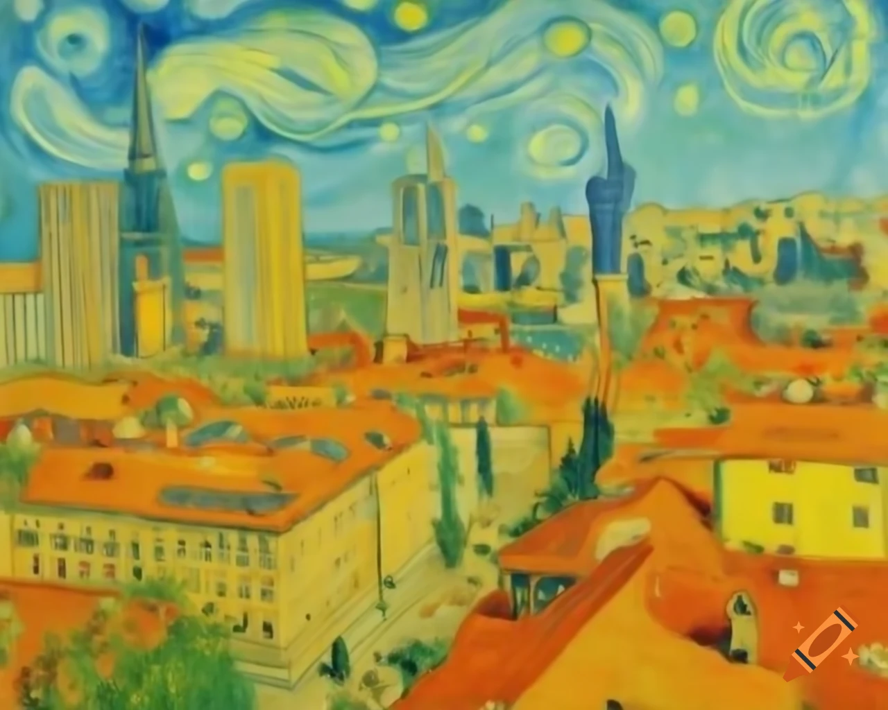Post-impressionist city skyline painting by Vincent van Gogh on Craiyon