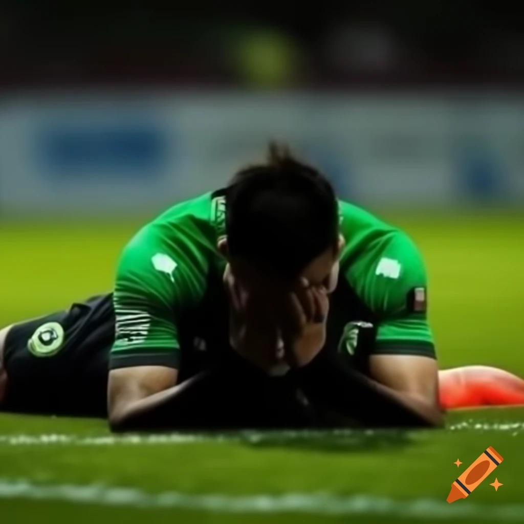 Soccer player in green and black shirt number 4 lying on the ground due ...