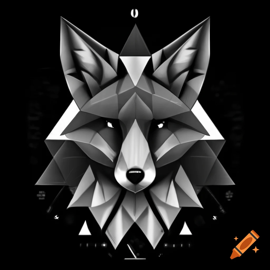 Geometric fox illustration in black and white with triangles and ...