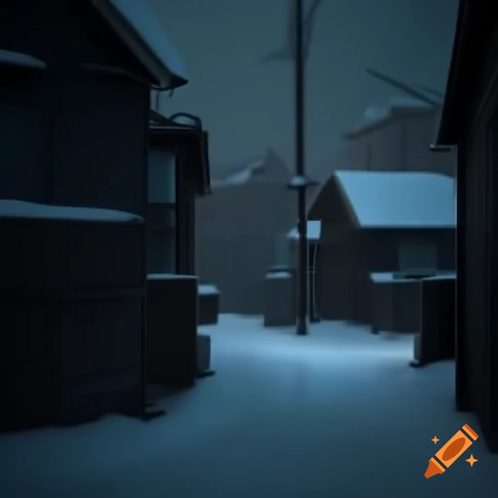 Photo realistic snowy dark housing estate with dim lighting on Craiyon