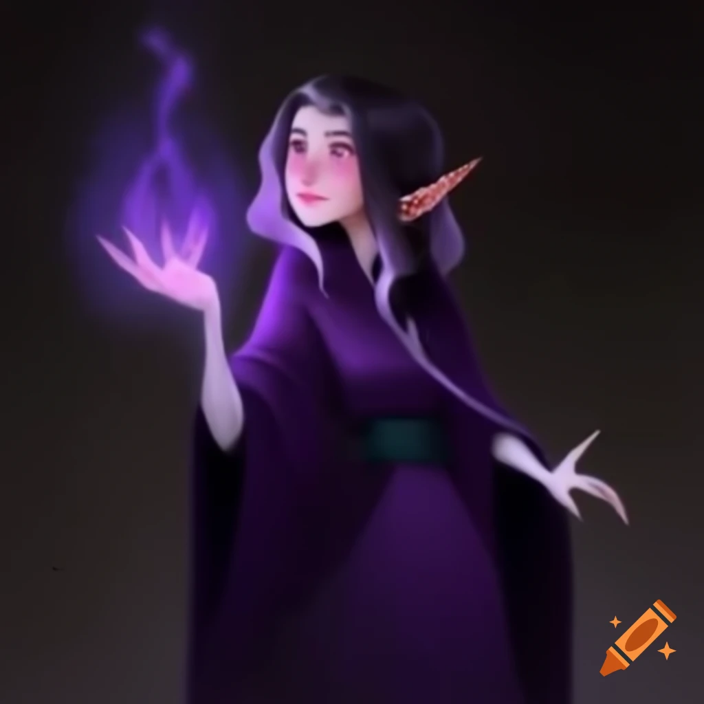 Female high elf in dark purple robes with magical aura on Craiyon