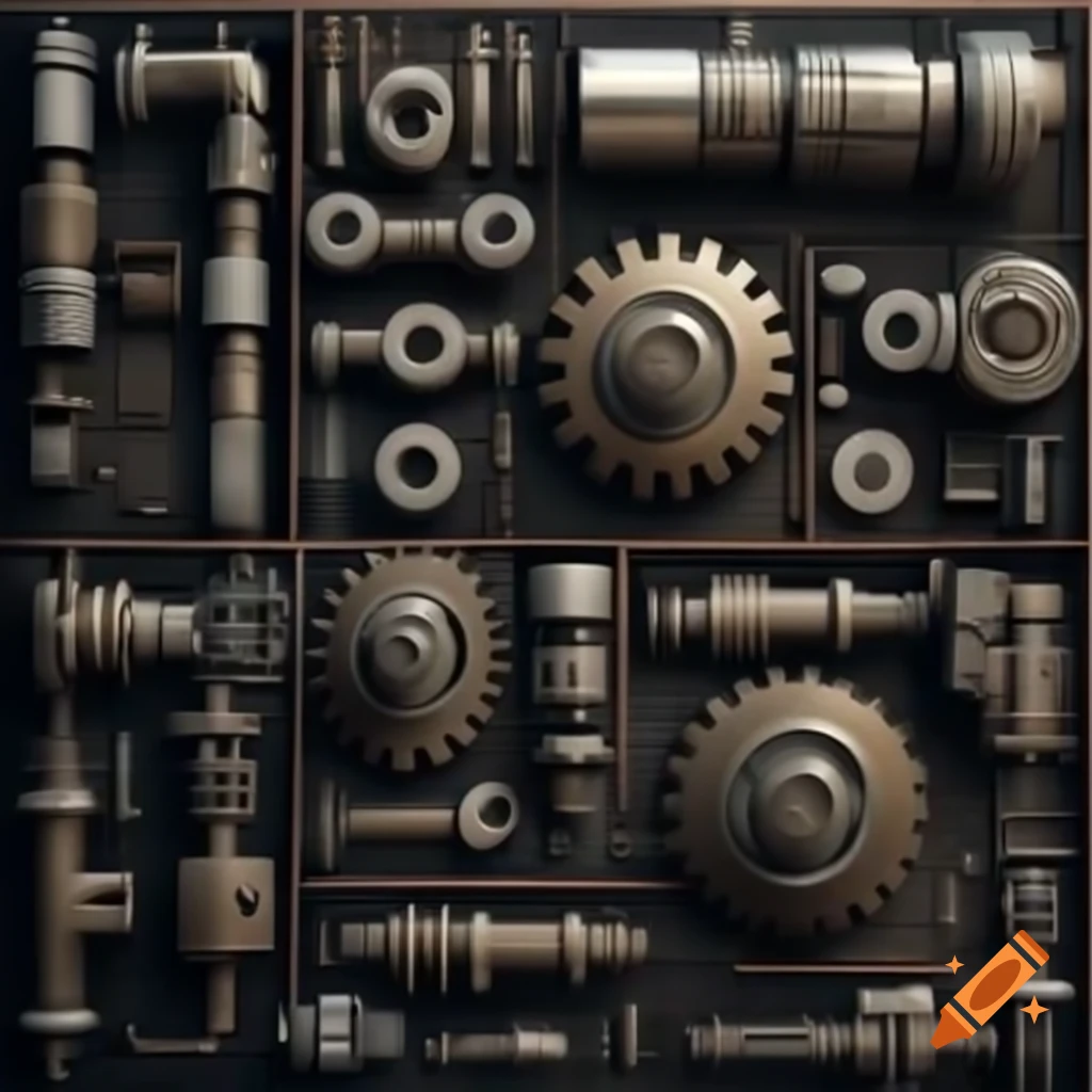 Hyper-realistic industrial kitbash set with bolts, screws, gears, and ...