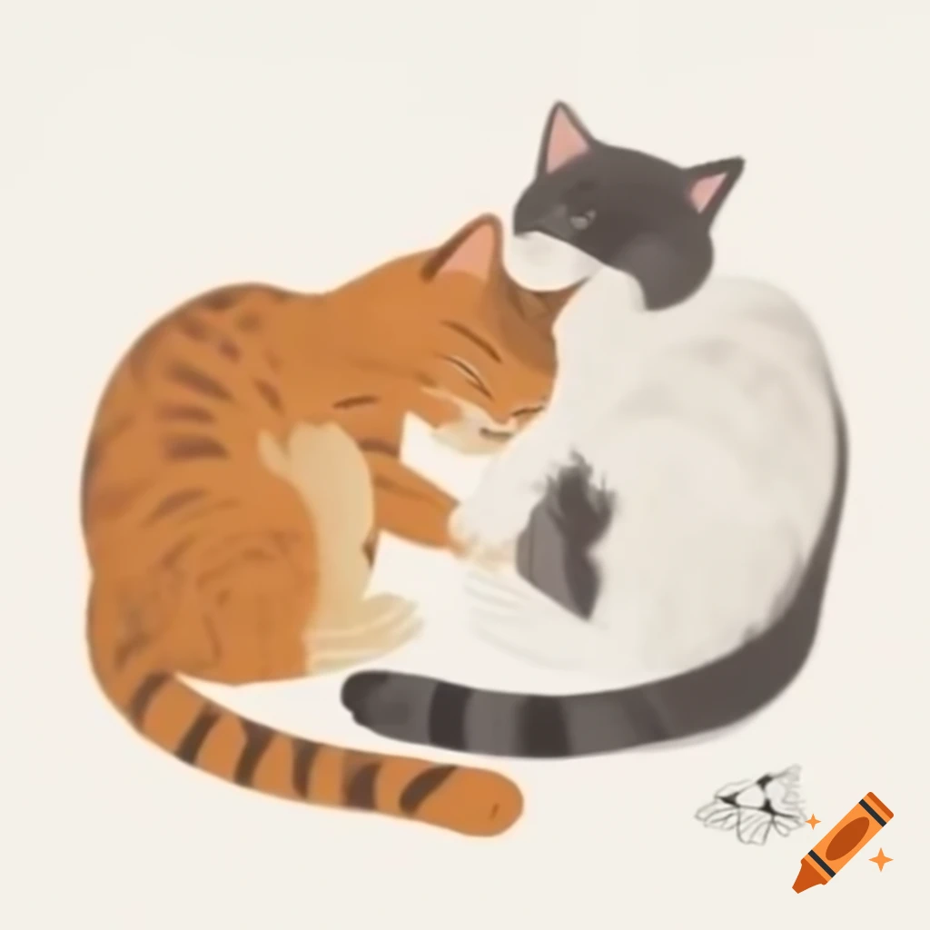 Three cats cuddling in a serene moment, showcased in sumi-e style on ...