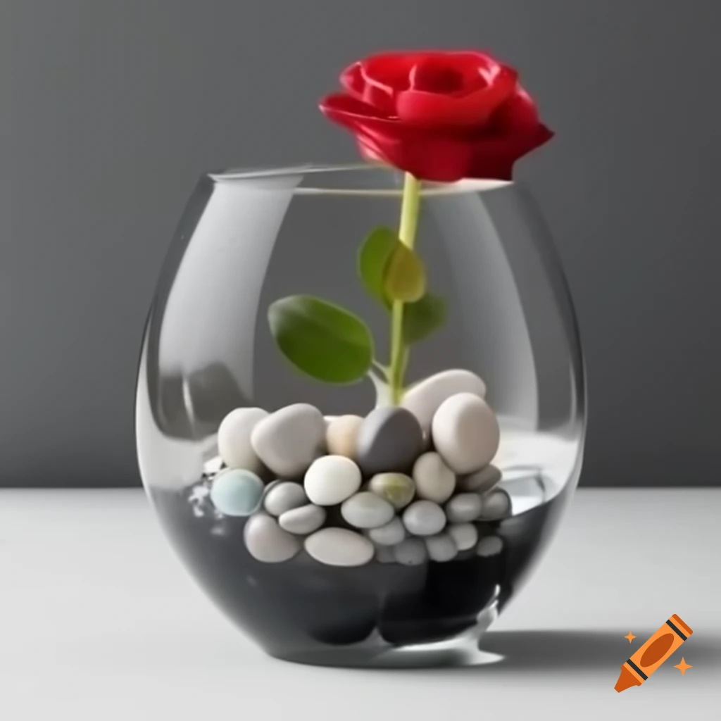 Glass vase with pebbles and rose, elegant decor on Craiyon