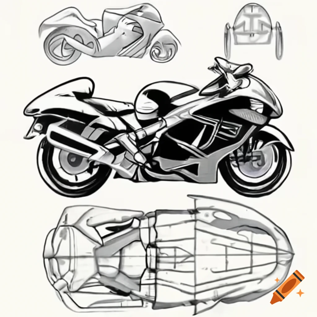 Schematic drawing of black Suzuki Hayabusa GSX1300R on Craiyon