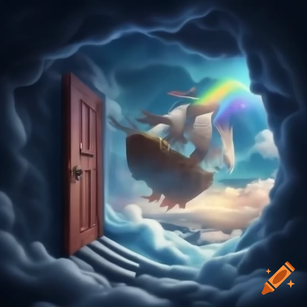 Surreal scene with various imaginative elements like climbing clouds and rainbow in space on Craiyon