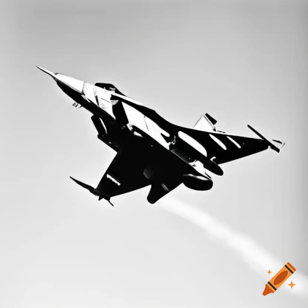 Black and white stencil of a fighter jet flying upwards on Craiyon