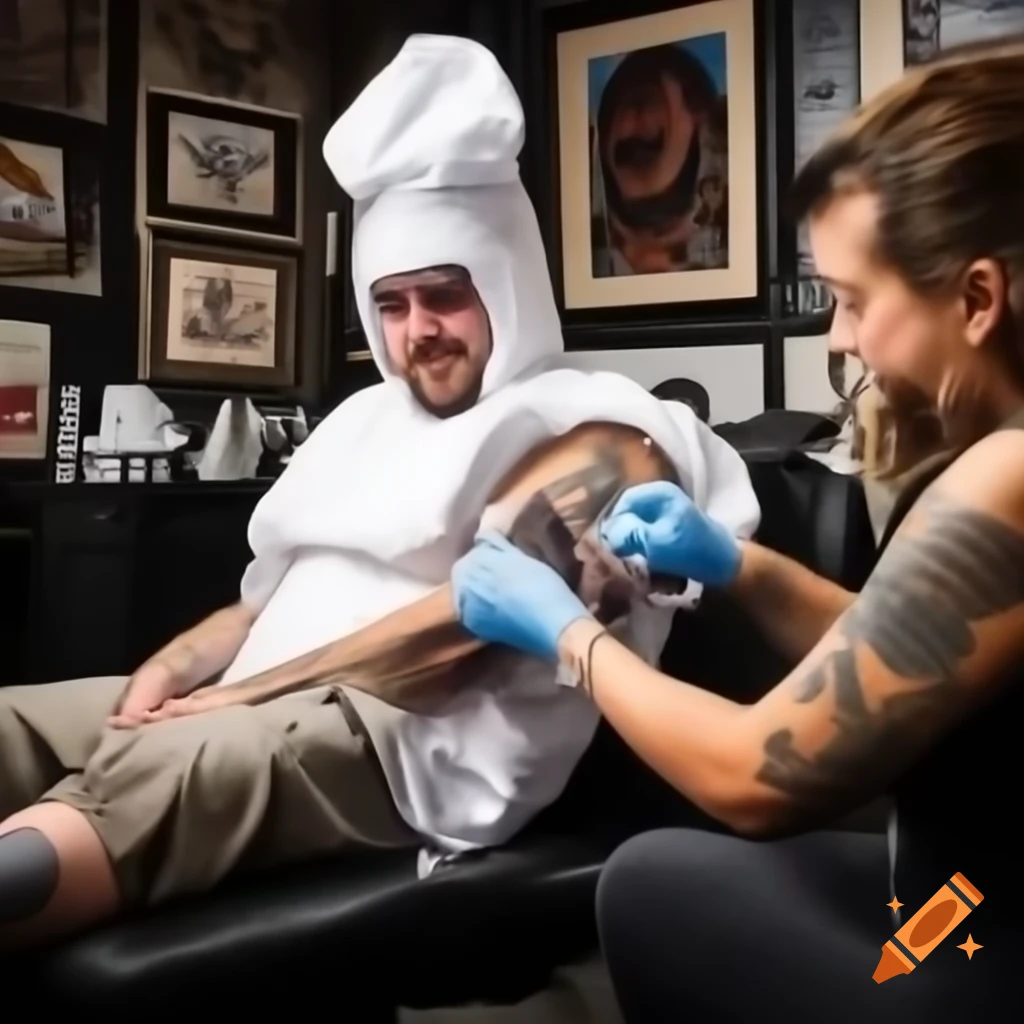 Man in milk carton costume getting tattooed in tattoo parlor on Craiyon