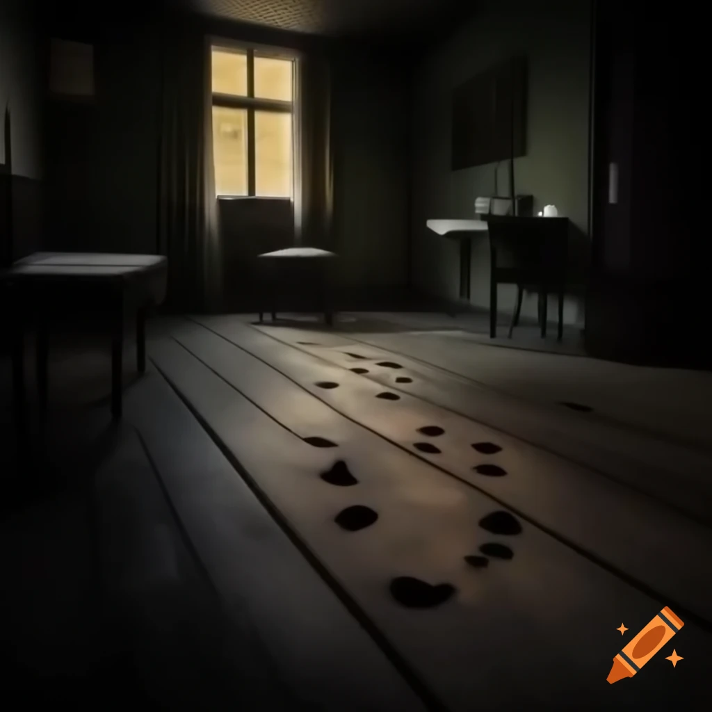Dimly lit hotel room with phantom footprints on wooden floor on Craiyon