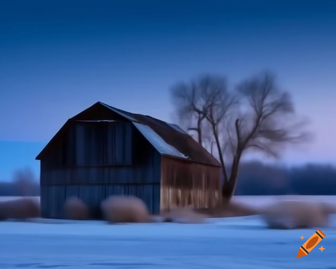 Rustic barn silhouetted against snowy field under soft moonlight on Craiyon
