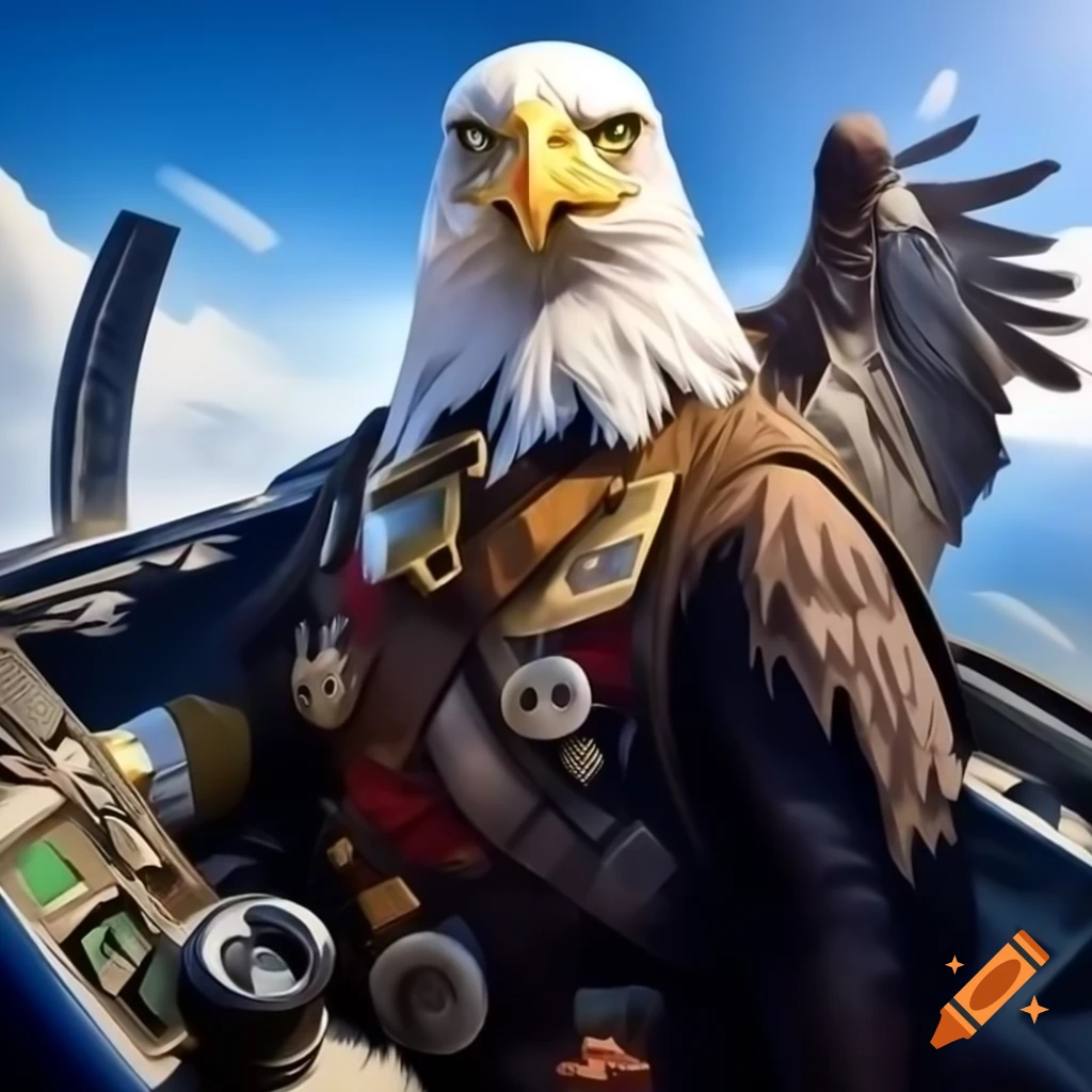Human as eagle piloting airplane with eagle pilot in cockpit, high ...