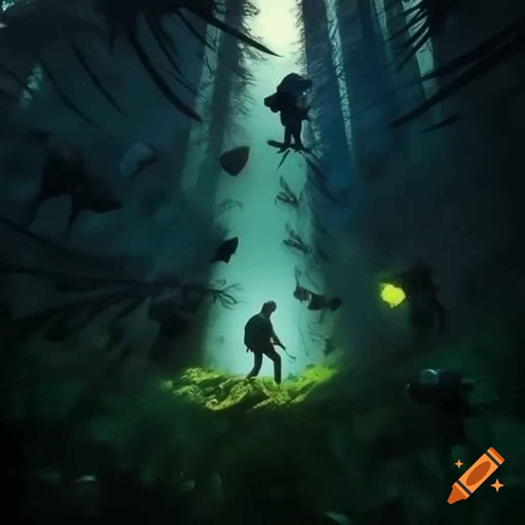 Man entering dark forest with hovering cameras and drones on Craiyon