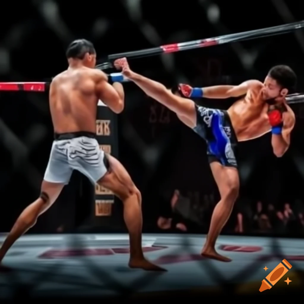 Two MMA fighters in action during a match on Craiyon