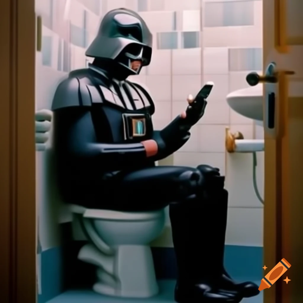Darth Vader in 80s bathroom using iPhone on toilet on Craiyon
