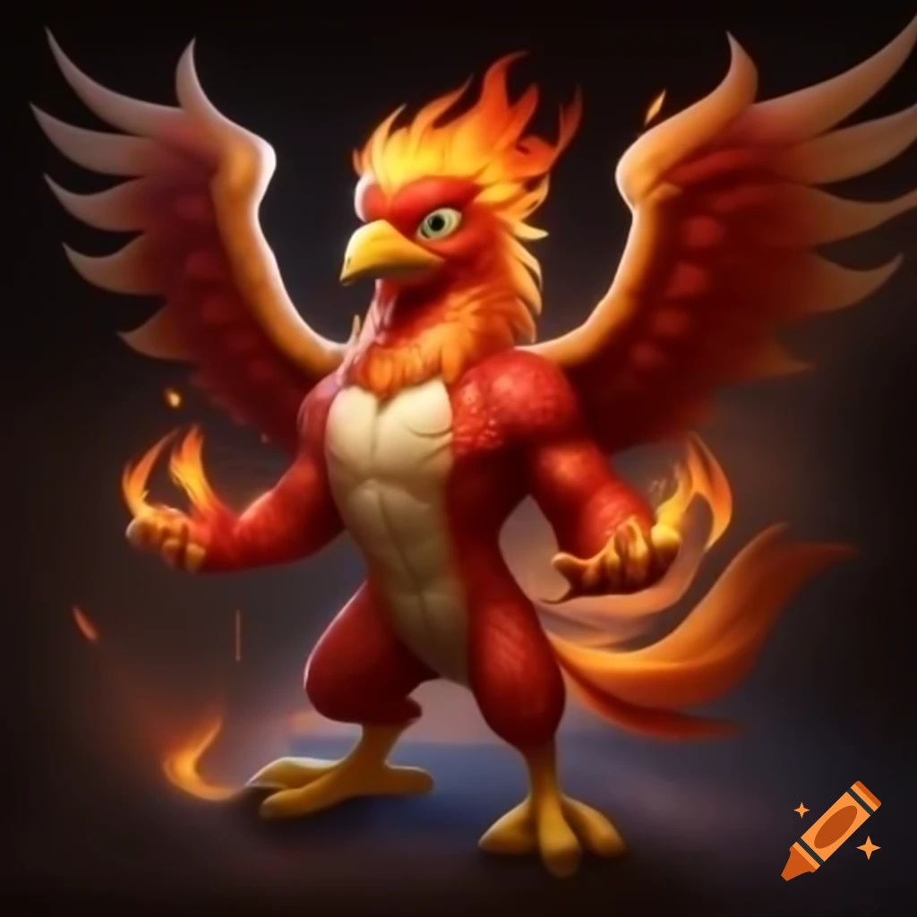 Muscular phoenix mascot in cartoon style rising from ashes with flames ...