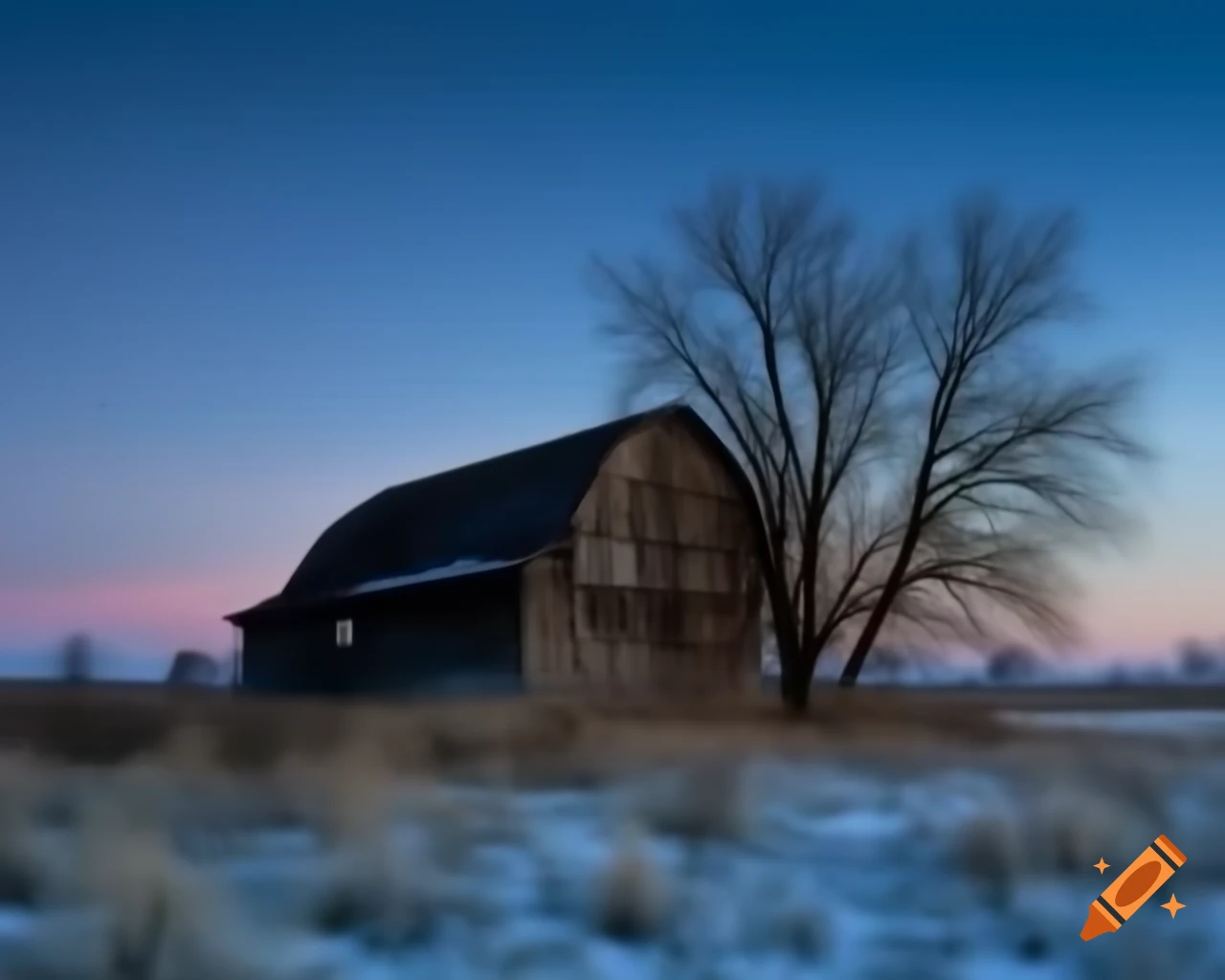 Rustic barn silhouetted against snowy field under soft moonlight on Craiyon