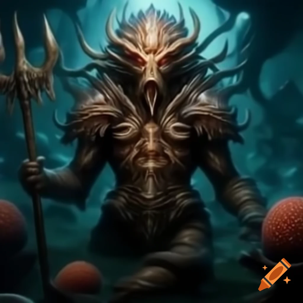 Lovecraftian horror aquatic guardian with coral armor and glowing ...