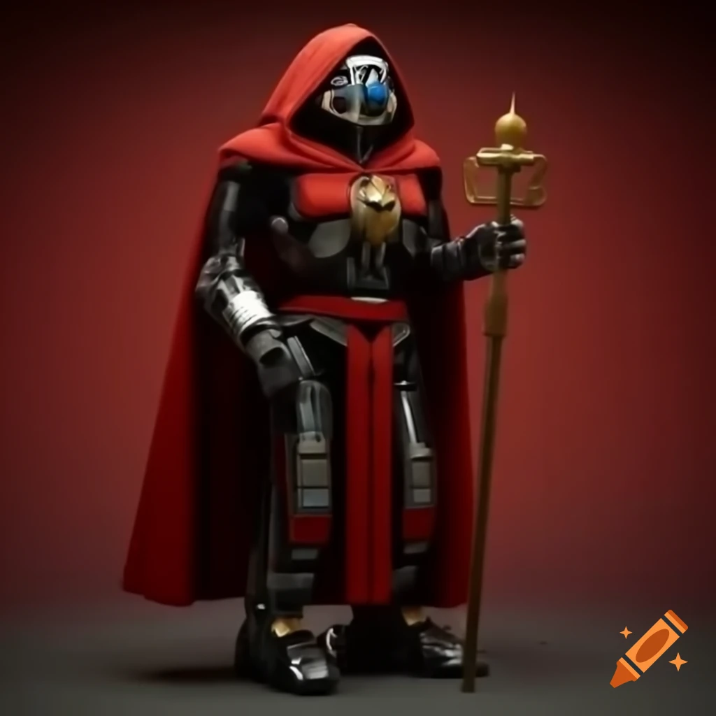 Humanoid robot zord in red robes with a hood holding a gold staff with ...