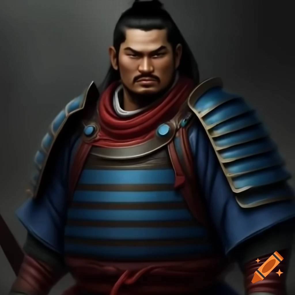 Muscular samurai in navy blue armor showcasing strength on Craiyon