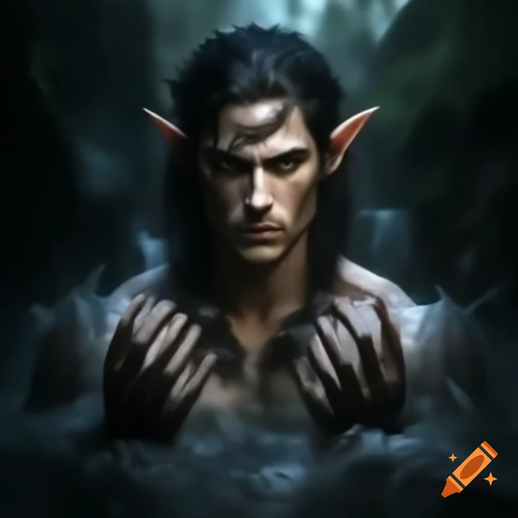 Handsome elf with dark hair displaying mystical powers from outstretched hands on Craiyon