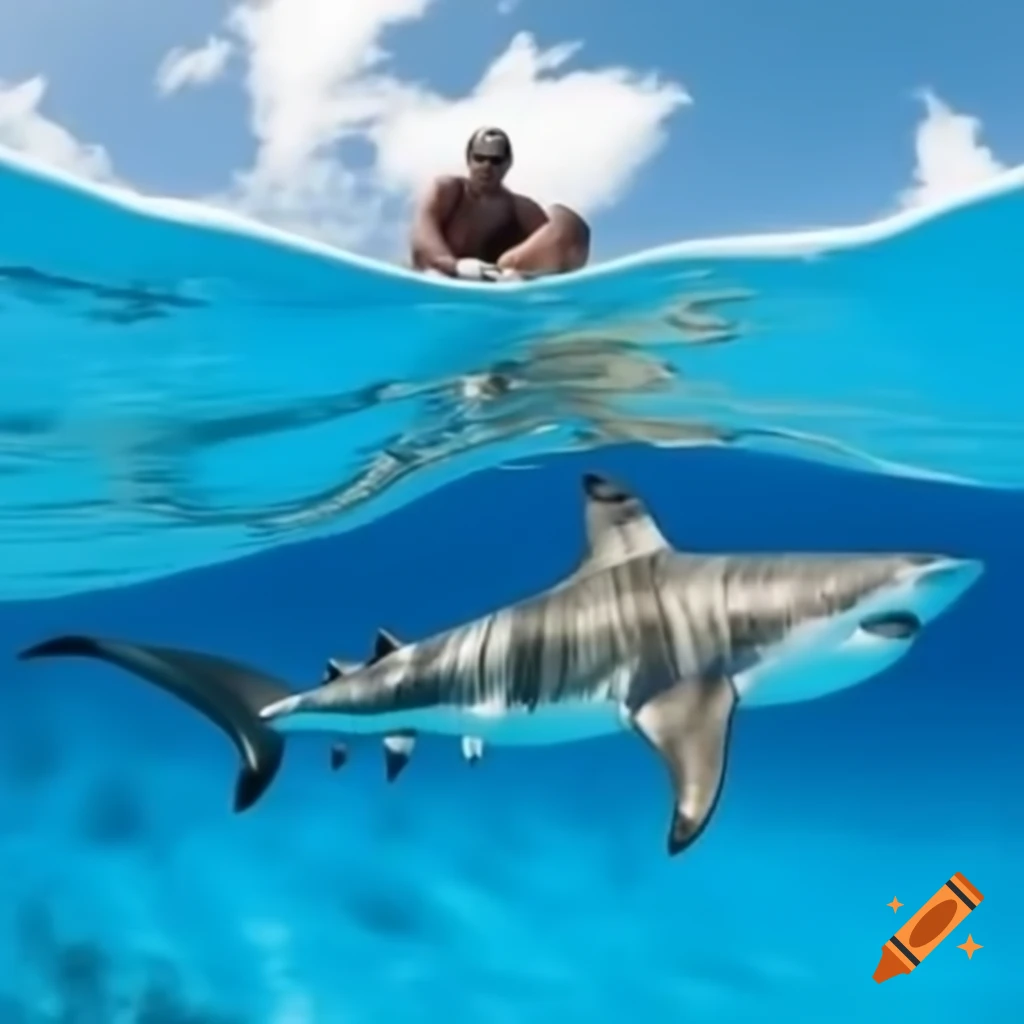 Shark windsurfing on clear blue waters with person swimming beneath on ...