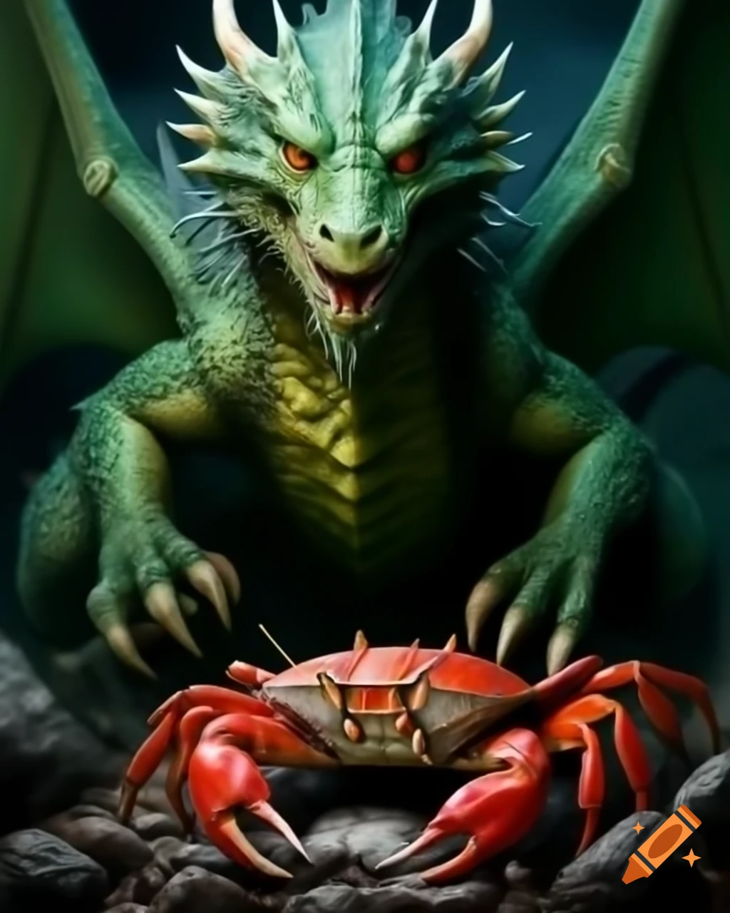 Green dragon facing red crab, depicting a tense moment on Craiyon