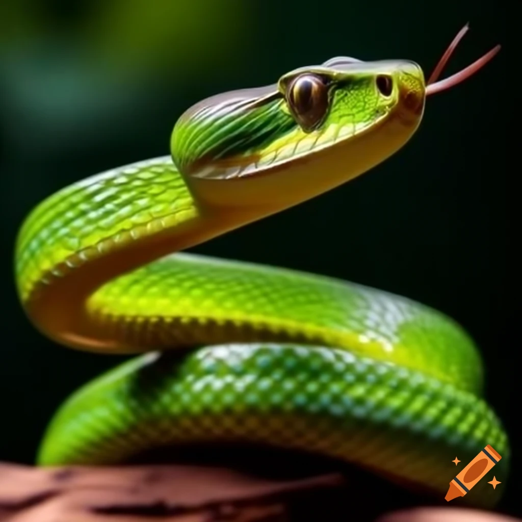 Photorealistic green snake climbing a wooden branch on Craiyon