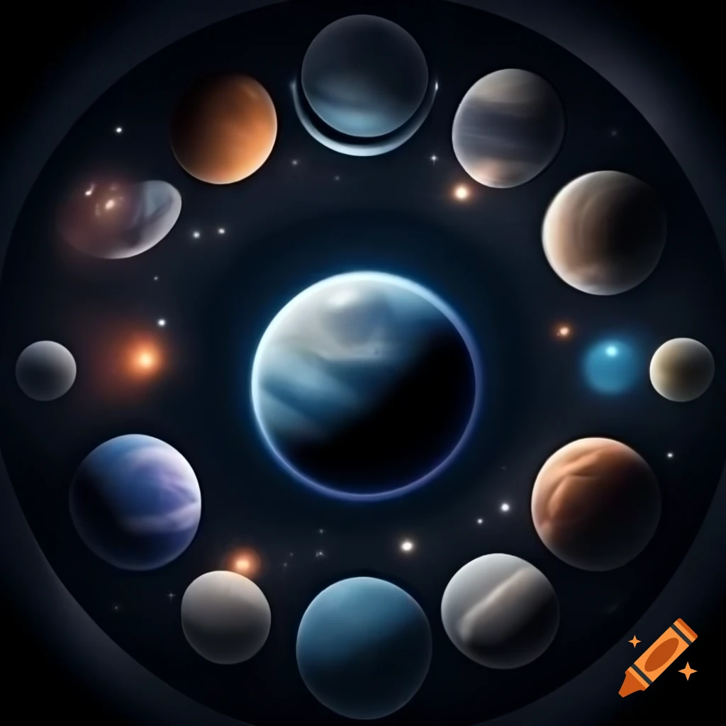 Iphone wallpaper featuring aligned planets in a circular formation on Craiyon