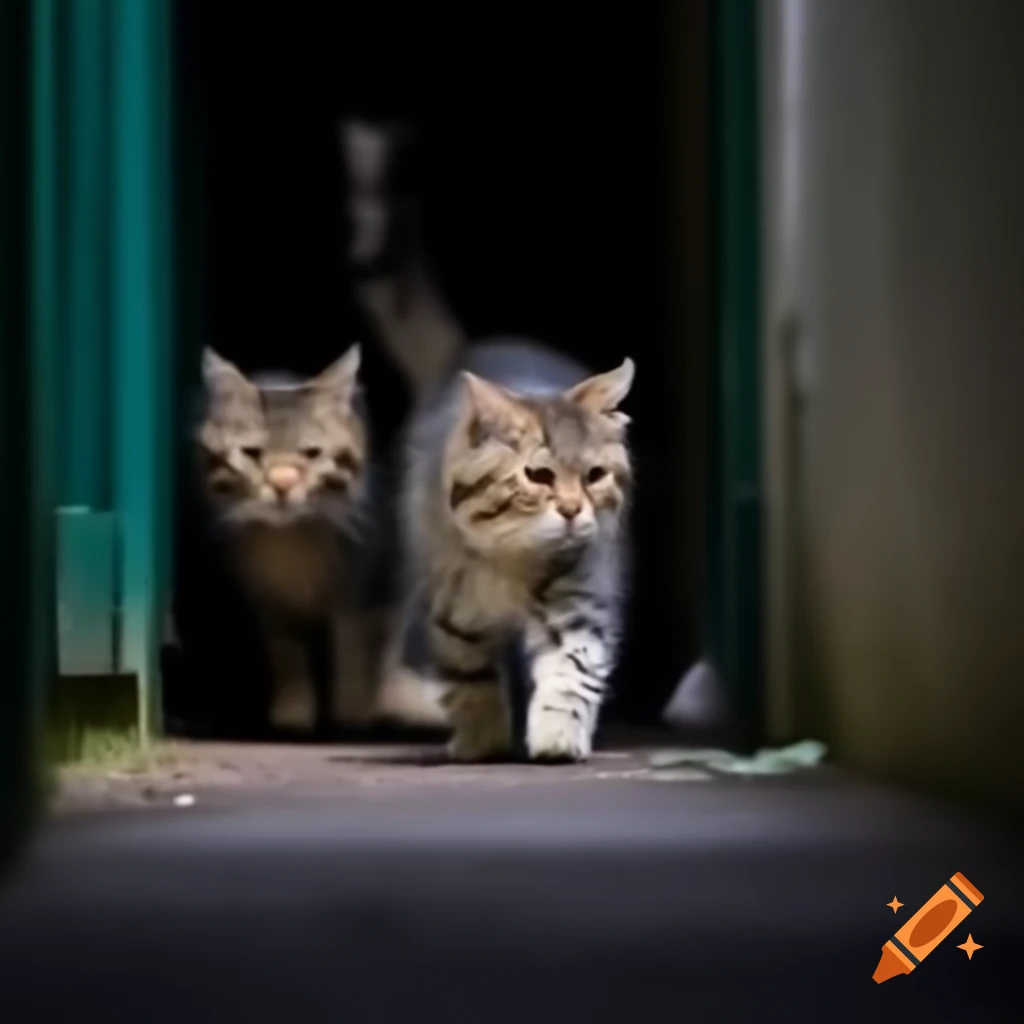 Scruffy tabby cat peeking from dark alley, observing family with well ...