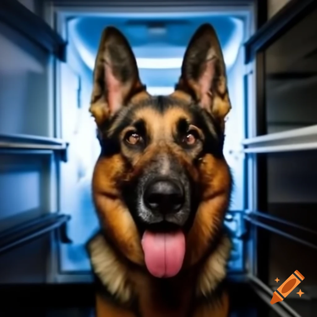 Adult German shepherd dog standing in front of empty fridge on Craiyon