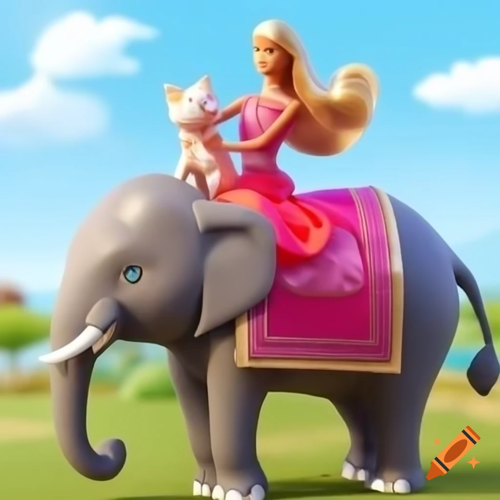 Barbie doll in red dress riding elephant with cat, smiling under sunny ...