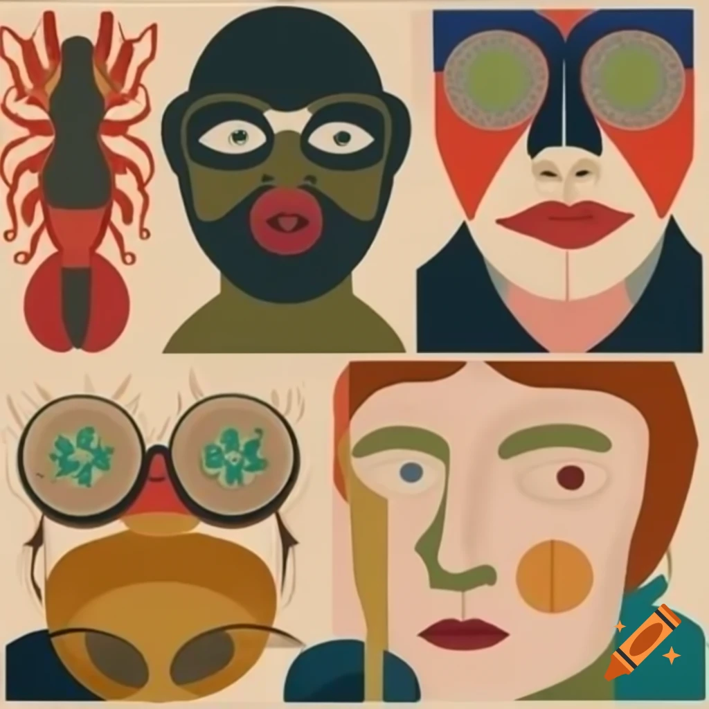 Dadaist collage featuring abstract human faces and insects in three ...
