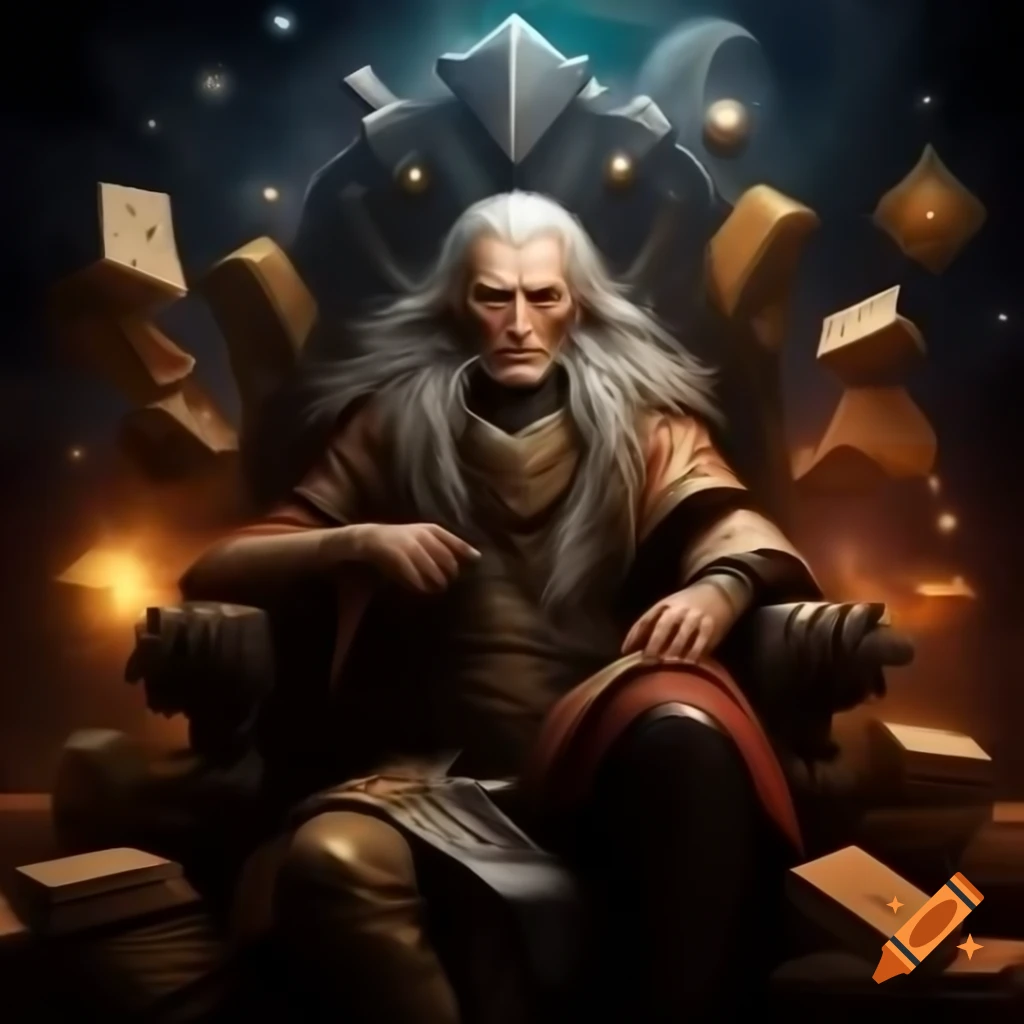 Mythical character Mythios, storyteller on throne of books, surrounded ...