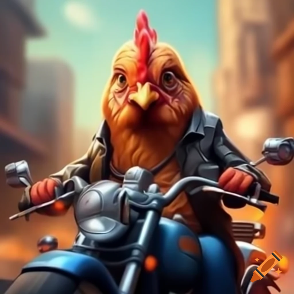 Funny chicken hen riding motorcycle in leather jacket and sunglasses on ...
