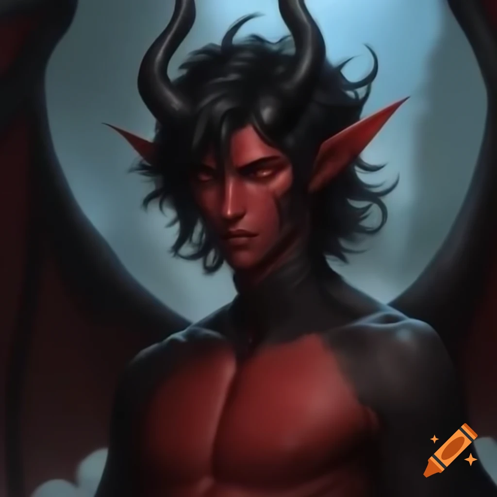 Handsome tiefling with horns, wings, and fangs, exuding a calm and ...