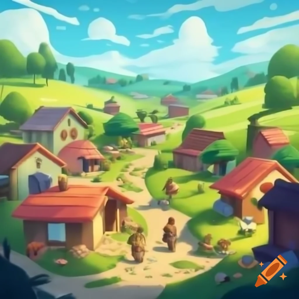 Cartoon-style vibrant village with cozy houses and villagers chatting ...