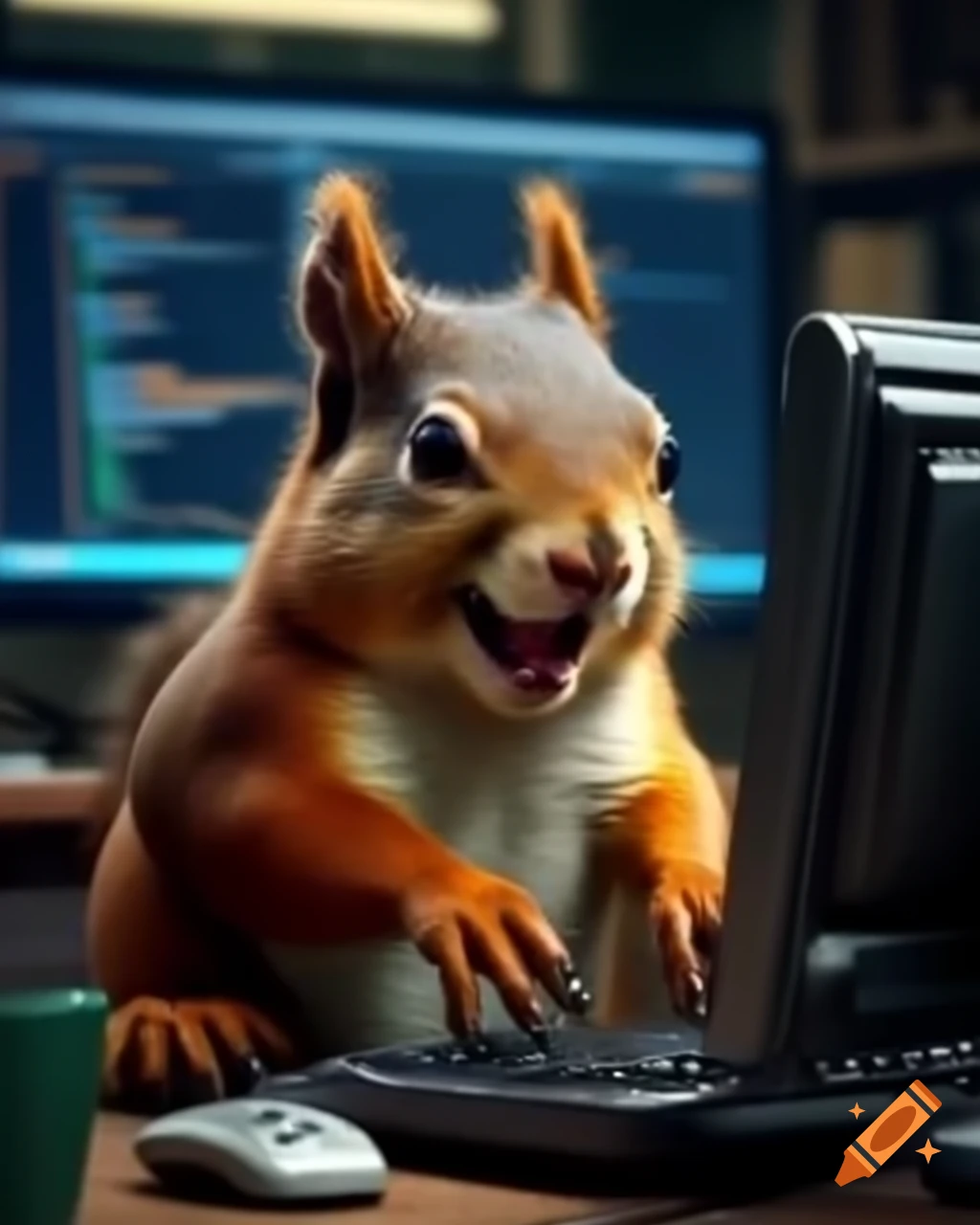 Squirrel programming on computer in office setting on Craiyon