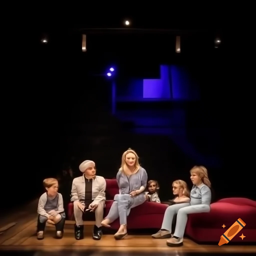 Improv theater scene with parent and child in bright open space on Craiyon