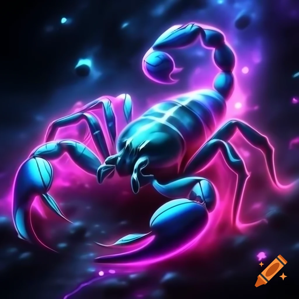 Vibrant cosmic scorpio with neon blue and purple energy amidst swirling ...